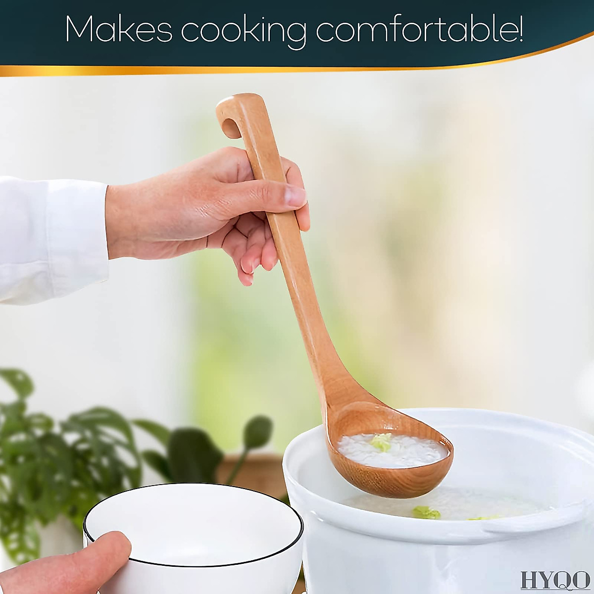 Wooden Ladle for Soup - 10.8x2.8" Wood Ladle with Deep Scoop, Hanging Hook, and Lacquer Coating for a Comfortable Grip, Easy to Clean and Store - Hard Thermostable, Long Soup Spoon for Kitchen