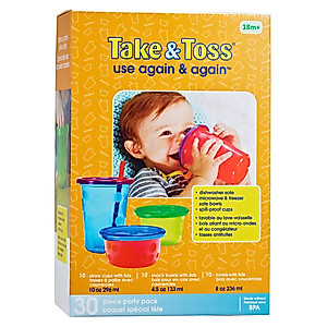The First Years Take & Toss Spill Proof Party Pack - Rainbow Party Pack - Toddler Straw Cups, Kids Bowls, and Snack Cups - Ages 18 Months and Up - 30 Count