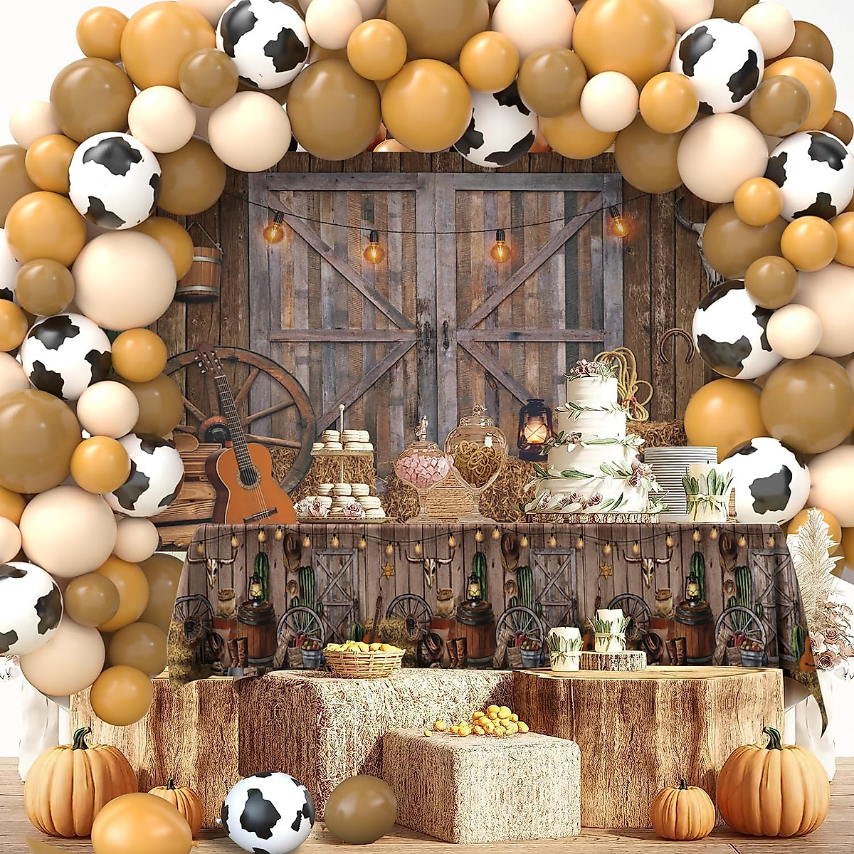 Partydream 142Pcs Western Cowboy Party Decorations Cowboy Party Supplies, 140Pc Cowboy Balloons 1Pc Cowboy Backdrop 1Pc Cowboy Tablecloth for Western Theme Birthday Party Baby Shower