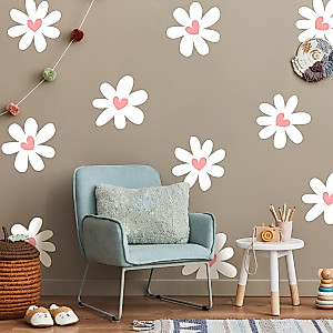 12 Sheets Daisy Wall Stickers Peel and Stick Pink Heart Decals for Room Decor Large Boho White Flower Wallpaper Decal for Kids Girls Nursery Furniture Dresser Bedroom Playroom Living Room Walls Window