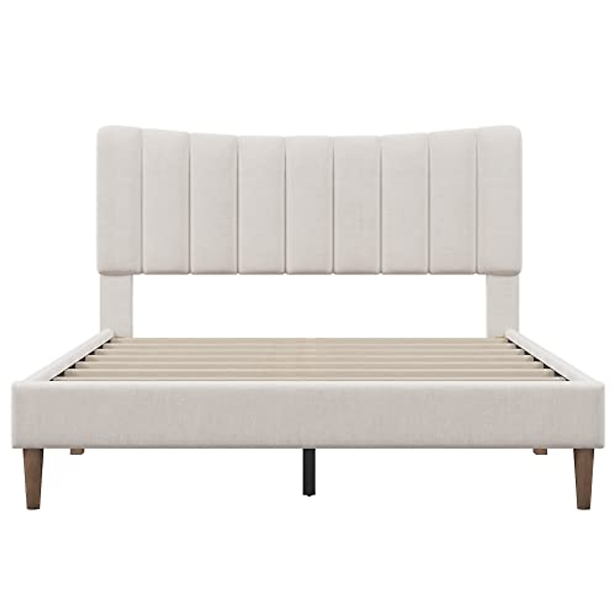 Mancofy Queen Size Upholstered Platform Bed Frame with Tufted Curved Headboard, Bedroom Furniture Heavy Duty Wood Platform Bed with Strong Wood Slat Support, No Box Spring Needed (Cream)