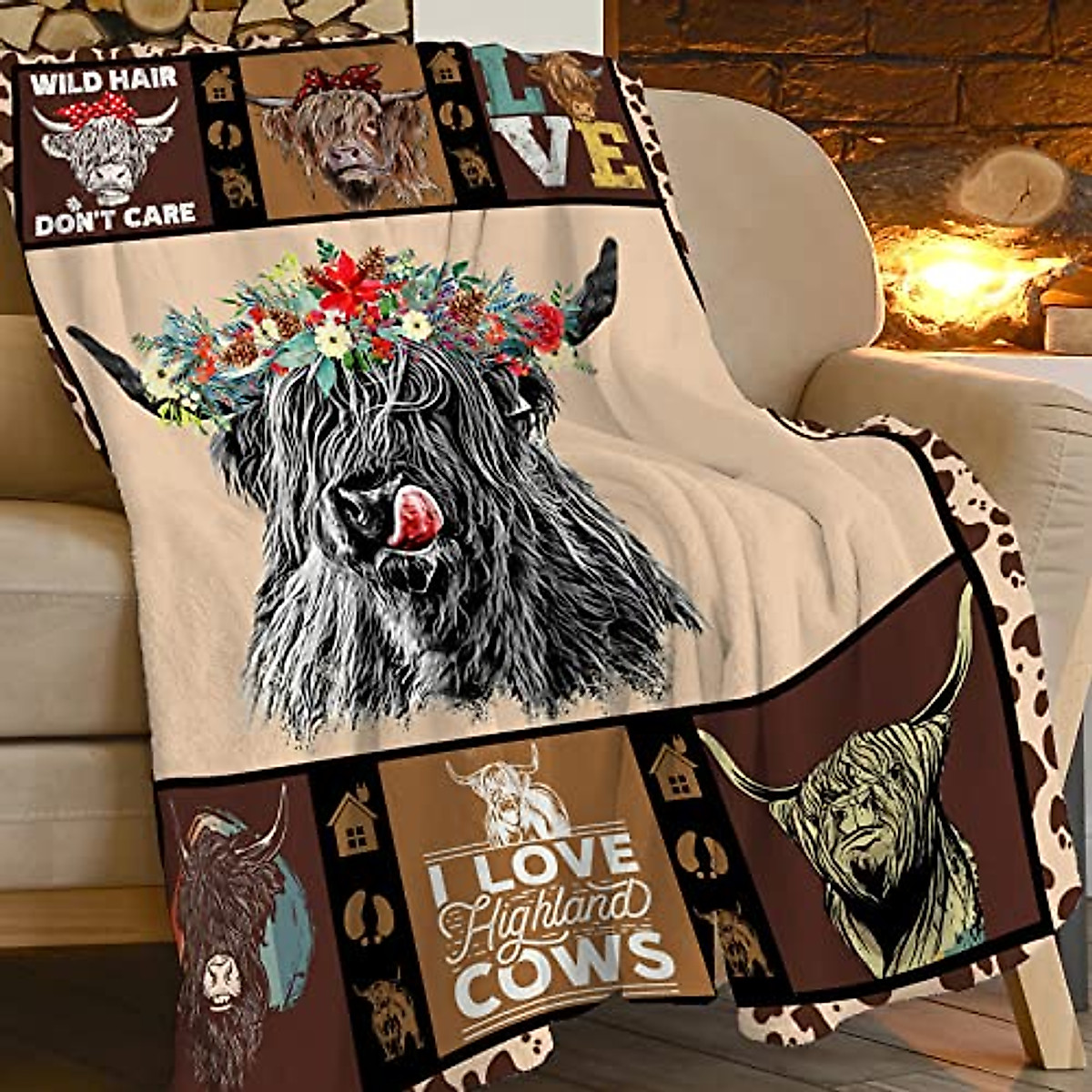 Highland Cow Throw Blanket Gifts for Women Adults Highland Cattle Animal Print Blanket Ultra Soft Cozy Plush Fleece Warm Lightweight Blanket for Living Room Couch Bed Dorm Chair Sofa Decor 40''X50''