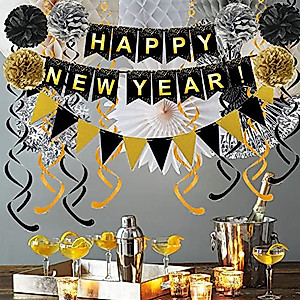 Happy New Year Set Black Banner with Gold Black Paper Flag Bunting Swirl Streamers & Pom Poms for Happy New Year Party Decorations