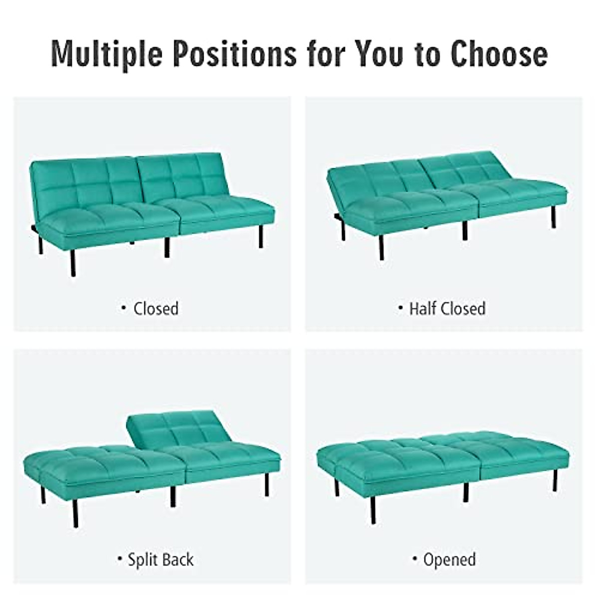 Giantex Sofa Bed, Convertible Sleeper Couch, Linen Fabric Futon, Recliner with 3 Level Adjustable Backrest, Metal Legs, 71”x35.5”x31”, Living Room Bedroom Reception Room (Turquoise)