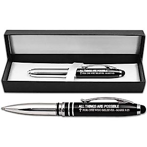 Mark 9:23 Christian Gift Pen with Engraved Bible Verse - "All Things Are Possible for One Who Believes" - Religious 3-in-1 Scripture Prayer Pen with LED Light and Stylus