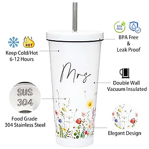 Crisky Wildflower Mrs Gifs Bride Cup for Wedding Engagement Bridal Shower Stainless Insulated Tumbler with Lid & Box 26 OZ