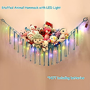 Stuffed Animal Net or Hammock with LED Light, Toy Hammock Hanging Stuffed Animal Storage Organizer Holder for Nursery Playroom Bedroom Kids Room Toy Storage (Blue)