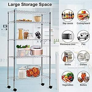 5 Tier Storage Shelves Wire Shelving Unit Garage Metal Rack 14Dx30Wx60H Adjustable NSF Sturdy Steel Layer Shelf Commercial Utility Organizer Shelving with Wheels for Bathroom Kitchen Laundry, (Chrome)