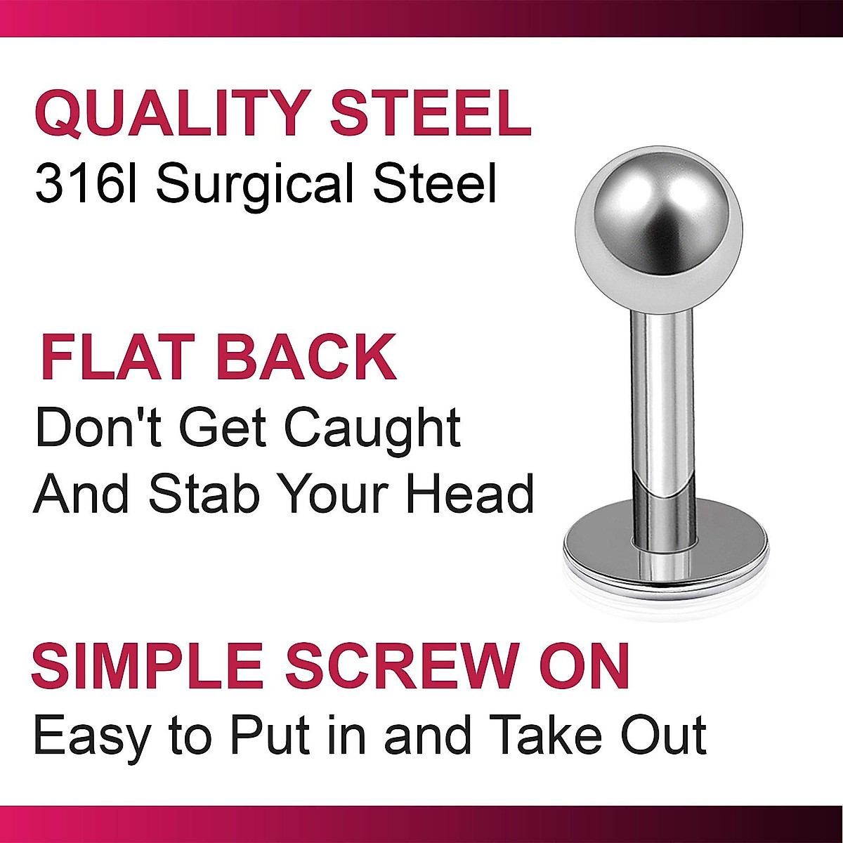 bodyjewellery 4pcs 16g Labret Lip Stud Monroe Cartilage Tragus Helix Earring Snake Bites Conch Spider Bites Piercing 3mm Ball - 6mm