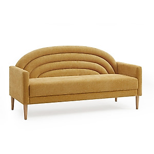 QNZK 63.78" W Modern Loveseat Sofa Simple Assembly 3-Seat Couch for Living Room Wooden Legs Linen Upholstery (Yellow)