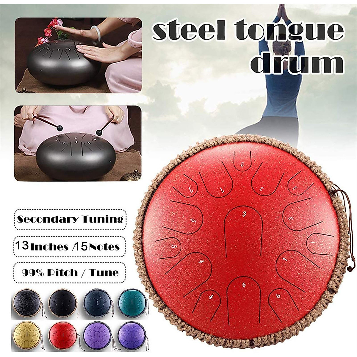 YWJJMY 15 Notes Steel Tongue Drum 13 Inch Handpan Drum Harmonic Tank Drum Meditation Yoga Zen with Mallets Travel Bag for Beginner Music Lovers Gift (Color : Spotted Purple)