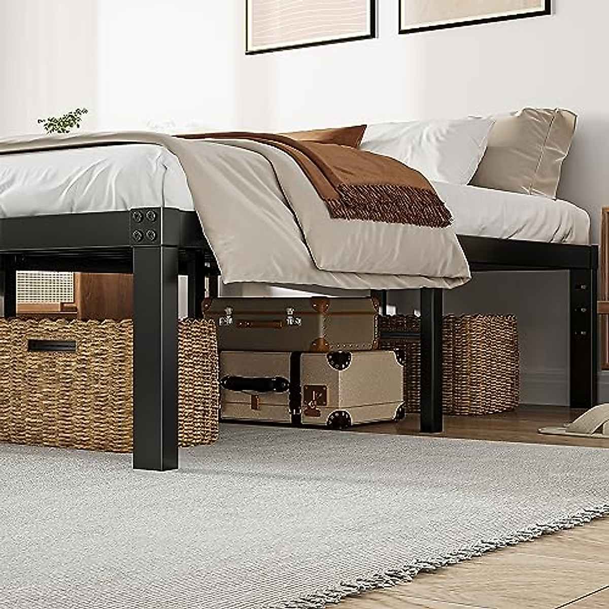 LIJQCI 14 inch Queen Bed Frame Metal Platform Frame no Box Spring Needed Black Heavy Duty Sturdy Steel Easy Assembly with Storage Sturdy Steel Slats Support 3500lbs