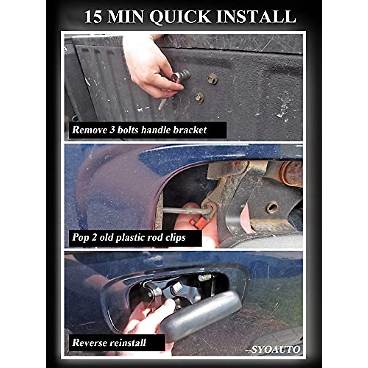 SYOAUTO Tailgate Handle Latch and Bezel Trim with Rod Clips Fits for 1999-2007 Chevy Silverado GMC Sierra 1500 2500 3500 Black Textured Replaces# 15997911, 15228539, 15228541, 15228540