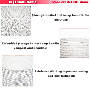 Ingenious Home –basket with lid, woven baskets for storage, nursery hamper with lid, for room living room decorative storage， multi-Purpose lidded basket( Gray line 16D x 14H inch)