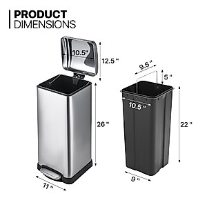 MoNiBloom 8-Gallon Step Trash Can with Soft-Close Lid for Kitchen Bathroom Bedroom Living Room Home Office Dorm Fingerprint-Proof Foot Pedal Garbage Bin Removable Inner Bucket Stainless Steel 30-Liter