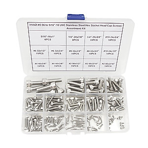 HVAZI #2-56 to 5/16"-18 UNC Stainless Steel Hex Socket Head Cap Screws/Bolts Assortment Kit