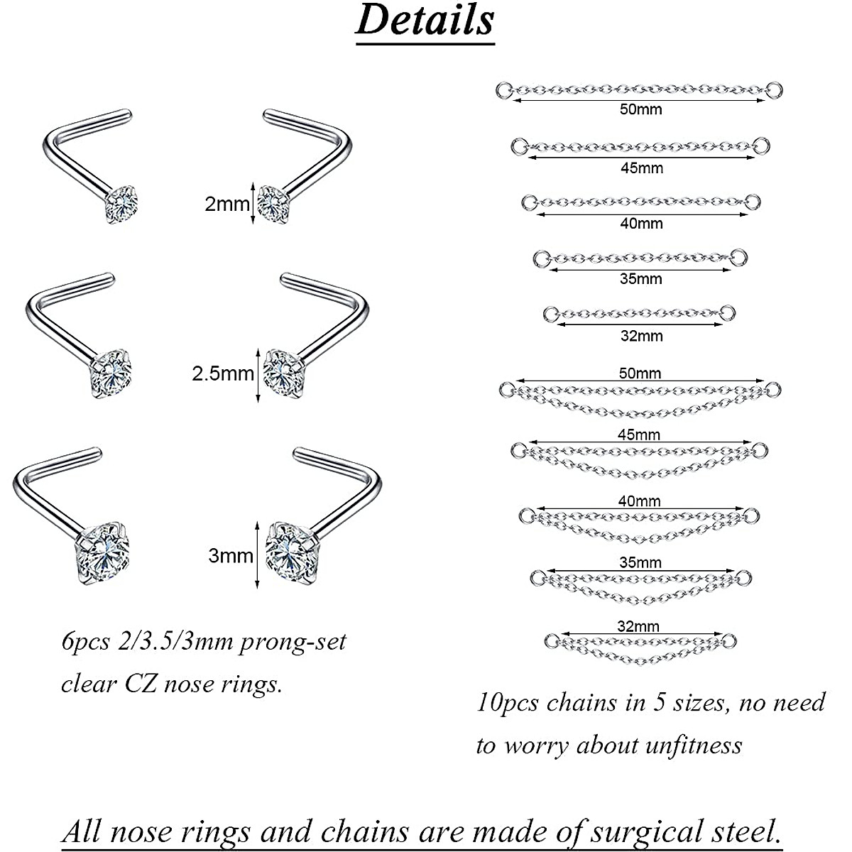 PunkTracker 20G Nose Rings 2mm 2.5mm 3mm CZ Nose Studs with Chain Surgical Steel Nose Piercing Jewelry Nose Ring Studs