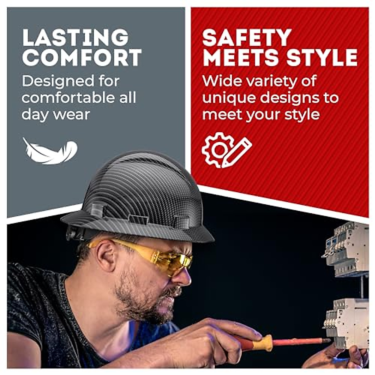 Acerpal Full Brim Non-Vented Classic Black Carbon Fiber Design Gloss Finish OSHA Hard Hat with 6-Point Suspension