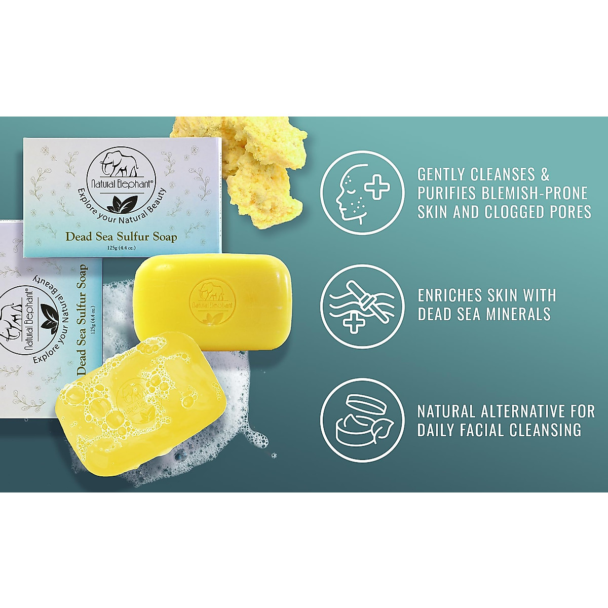 Natural Elephant Dead Sea Sulfur Soap 4.4 oz with Dead Sea Salt, Aloe Vera, Sulphur Face and Body Cleanser Bar for All Skin Types (3 Pack (13.2 oz Total))
