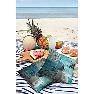 Turquoise Outdoor Throw Pillow Cover Waterproof Modern Art Abstract Painting Lumbar Pillowcases Set of 2 Teal Gray Decorative Patio Furniture Pillows for Couch Garden 18 x 18 Inches