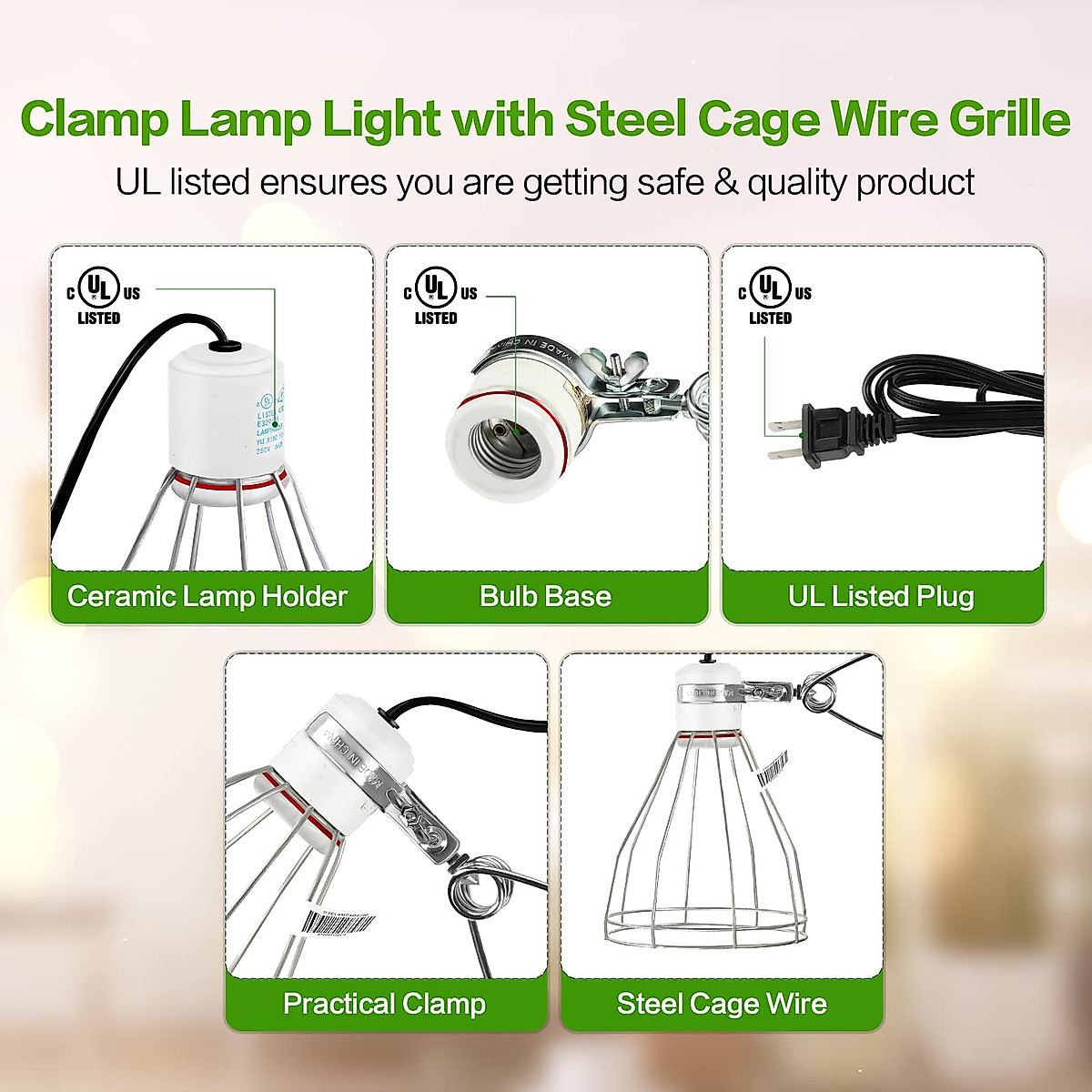Simple Deluxe Clamp Lamp Light with Steel Cage Wire Grillup and 150W Reptile Ceramic Heat Bulb, E26 Socket, 6' Cord for Amphibian Pet & Incubating Chicken,Silver