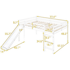 Harper & Bright Designs Full Size Loft Bed with Slide, Solid Wood Low Loft Bed Frame for Kids Girls Boys, Easy Assembly (White)