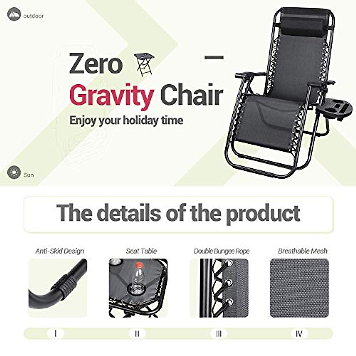 Homall 3 Pcs Zero Gravity Chair Patio Folding Recliner Outdoor Chaise Lounge Chairs Portable Reclining Chair Set with Side Table (Black)