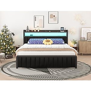 LoVinson Queen Bed Frame with Storage Headboard and LED Sensor Lights, Upholstered Headboard with Charging Station, Metal Platform Bed with Drawers, Noise-Free, Non-Slip, Black