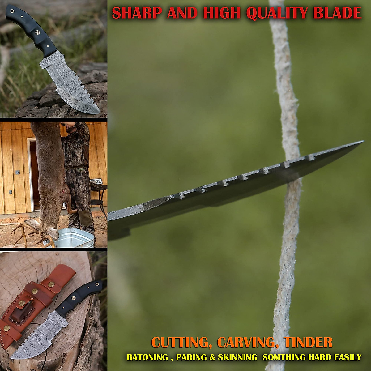 Handmade Tracker Knife Damascus Knife for Hunting Camping - 10 Inch Damascus Steel Hunting Tracker Knife with Horizontal Carry Sheath - Fixed Blade Survival tactical full tang Bushcraft Knife (Black Micarta)