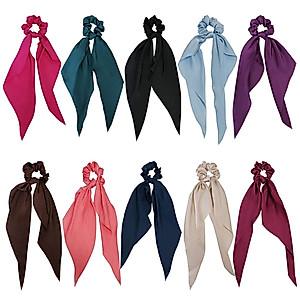 GETACOTA 10 Pieces Hair Scrunchies Bowknot Satin Chiffon Long Tail Elastics Ribbon Ear Bow Pattern Colors Scrunchy Scarf Scrunchie Vintage Ponytail Holder Ties Bands Accessories for Women(satin10p)