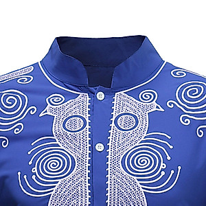HEFASDM Men's Long Sleeve African Dashiki Traditional Gold Print Button Down Shirts Blue L