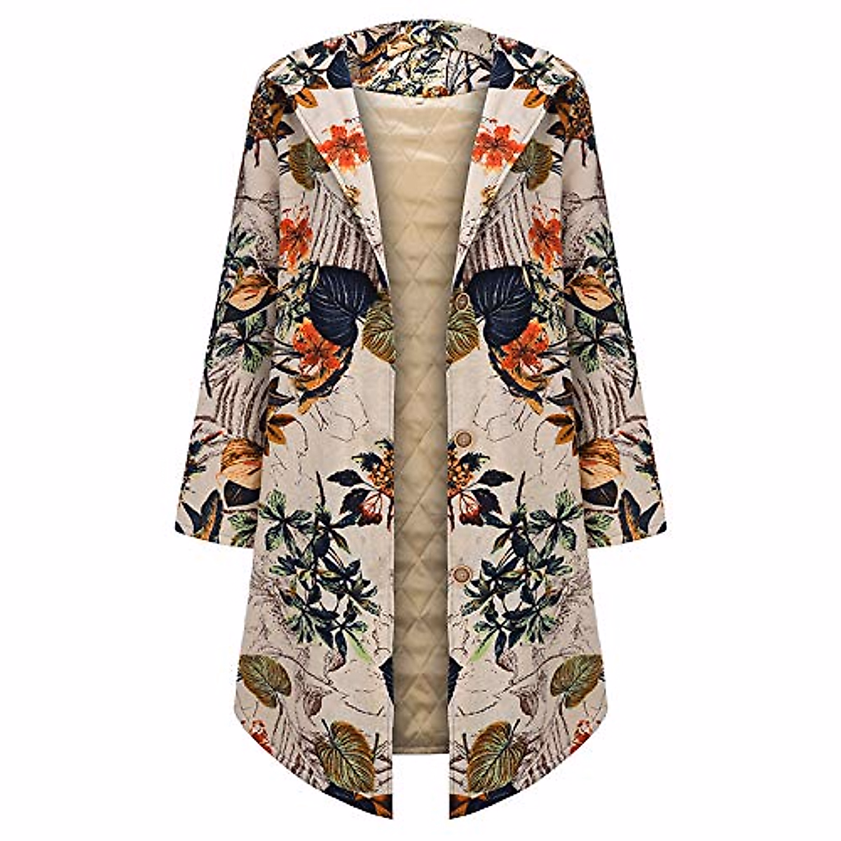 Andongnywell Ladies Warm Outwear Floral Print Hooded Vintage Coats Long Sleeve Outwear Print Hooded Overcoat (Orange,4X-Large)