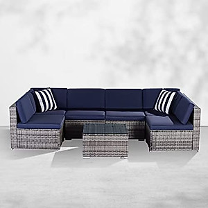 Devoko 7 Pieces Wicker Patio Furniture Set Rattan Outdoor Furniture Sectional Sofa Backyard Furniture Outdoor Couch with Updated Metal Feet (Blue)