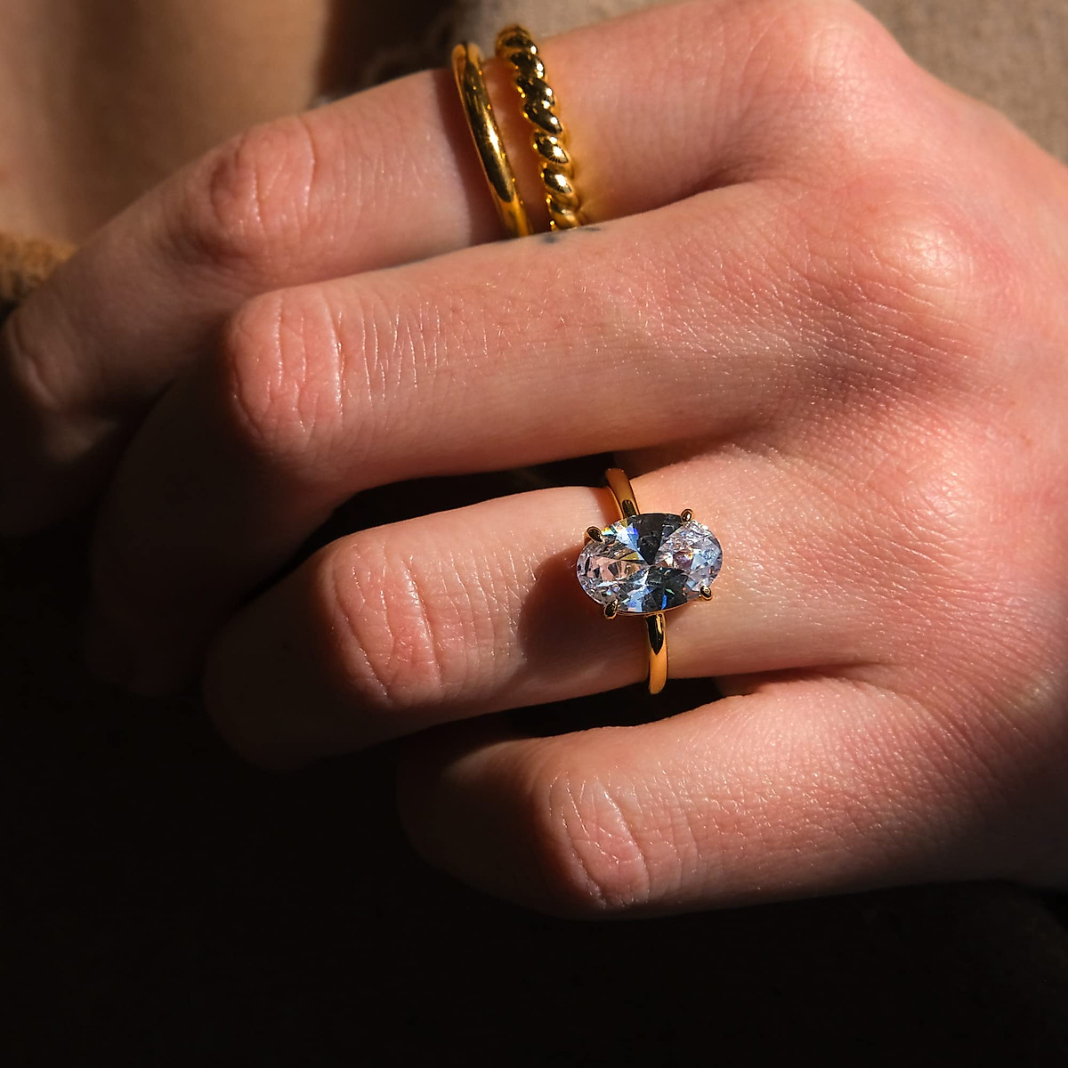 LEMON GRASS 3.5ct Oval Solitaire Engagement Ring Thin Band in Sterling Silver 925 14K Yellow Gold Plating Size 4