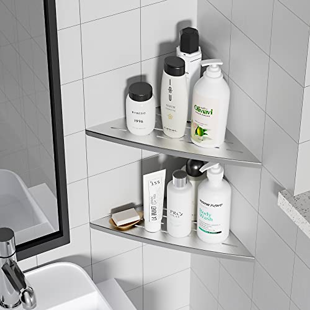 Qeke Corner Shower Shelf Brushed Nickel, 304 Stainless Steel 11.5” Recessed Corner Shelf Bathroom for Tiled Wall, Floating Shower Shelves Shampoo Holder, No Drilling, 2 Pack