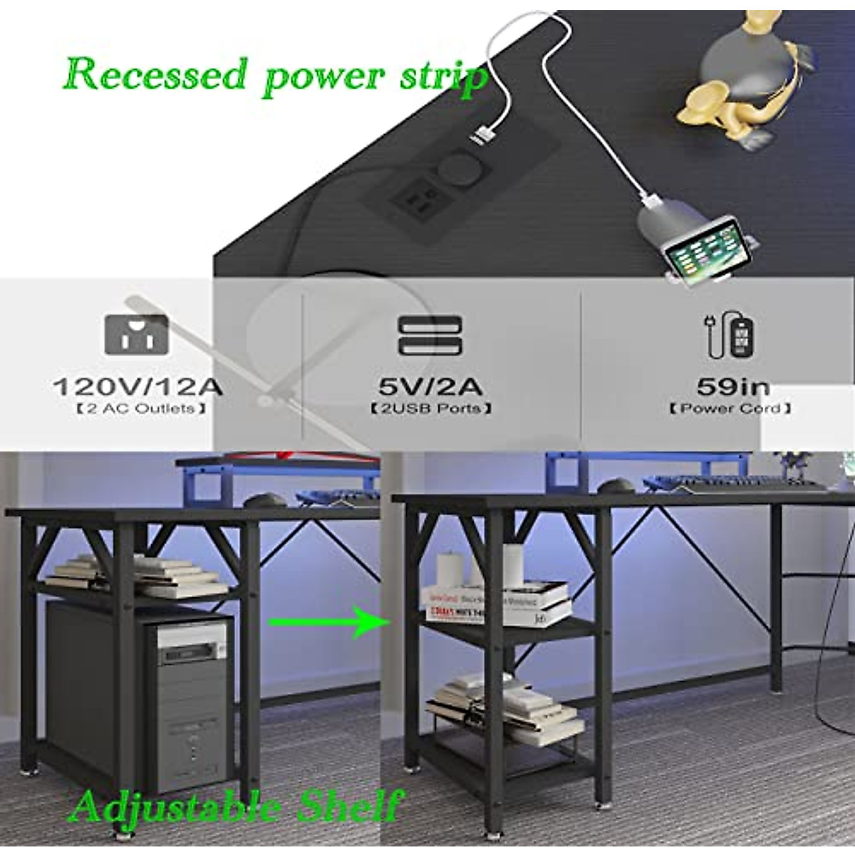 SZXKT L Shaped Computer Desk with Monitor Stand and Power Outlets,Gaming Desk with Storage Shelf and LED Lights,Home Office Reversible Corner with Hooks (Black)