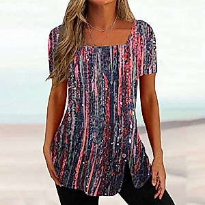 SMIDOW Womens Tunic Tops to Wear with Leggings 2023 Trendy Summer Short Sleeve Square Bohemian Shirts Long t-Shirt with Slit