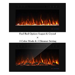 Masarflame 42" Recessed Electric Fireplace Insert, 5 Flame Settings, Log Set or Crystal Options, Temperature Control by Touch Panel & Remote, 750/ 1500W Heater, Black