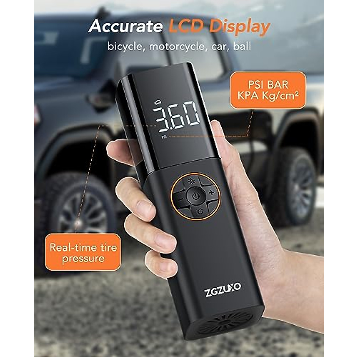 ZGZUXO Tire Inflator Portable Air Compressor,DC 12V Small Pump for Car Tires,150PSI Electric with Digital Pressure Gauge,LED Light Motorcycle Bike Ball,Bike Pump,Black-orange (CZK-3640)