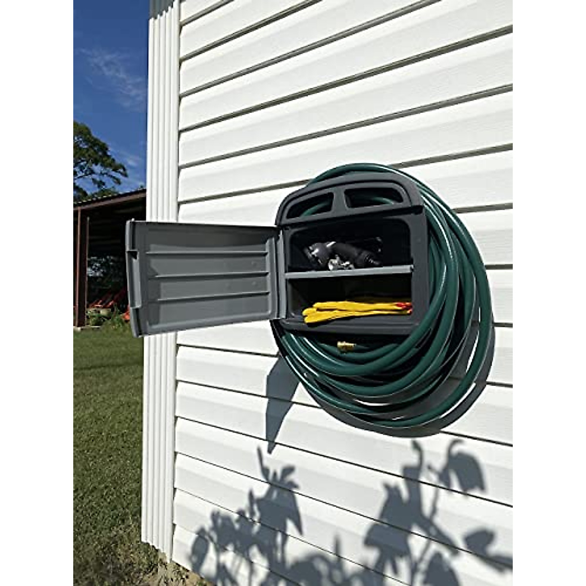 HelpMate Plastic Garden Water Hose Holder Wall Mount with 2 Shelf Cabinet for Garden Tools and Supplies- Matching Grey 8-pattern Garden Hose Spray Gun Included - holds up to 150 ft. Garden Hose