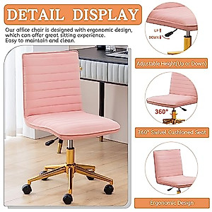 Furniliving Velvet Home Office Chair, Armless Vanity Desk Task Chair with Wheels 360° Swivel Computer Rolling Desk Chair with Back, Adjustable Accent Chair with Gold Metal Base Stool Chair (Pink)