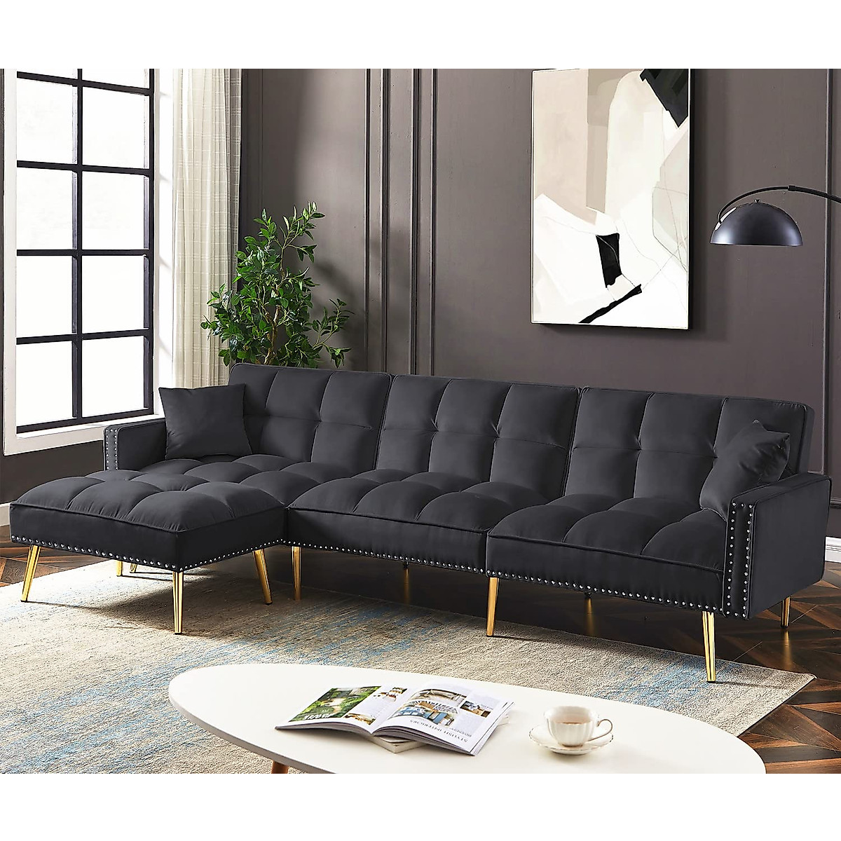 Modern Sectional Sofa with Reversible Chaise Lounge, L-Shaped Couch with 2 Pillows for Living Room Apartment (Black-L)
