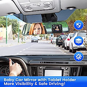 Baby Car Mirror with Touchable Tablet Holder, Adjustable Backseat Mirror for Rear Facing Infant Newborn with Wide and Bright View, Fully Assembled, Stable and Shatterproof for Toddler, Kids