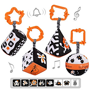 TUMAMA High Contrast Shapes Sets Baby Toys, Black and White Stroller Toy for Car Seat Baby Plush Rattles Rings Hanging Toy for 0 3 6 9 to 12 Months, Newborn,Toddlers,Infants (4 Packs)