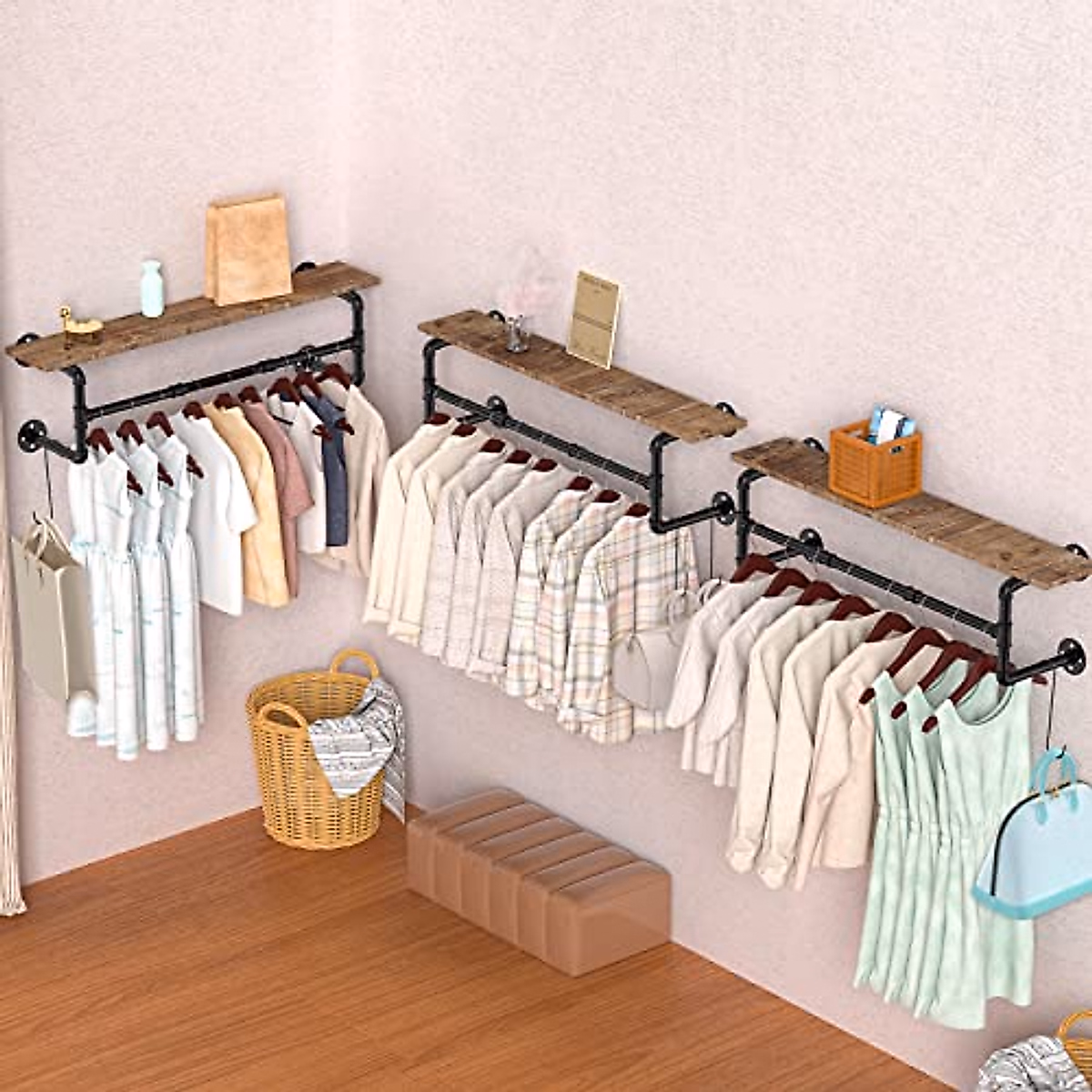 Industrial Pipe Clothing Rack Wall Mounted - Folews 48.8 Inch Wall Clothing Rack Garment Rack for Hanging Clothes Coats Laundry Room Organizer Storage Hanger Shelf Space Saving