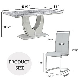 Maotifeys Grey Marble Dinner Table Set for 6 Mid-Century Rectangular Dining Room Table and Chair Set 7-Piece Kitchen Table Set with a Faux Marble Dining Table and 6pcs Light Grey PU Leather Chairs