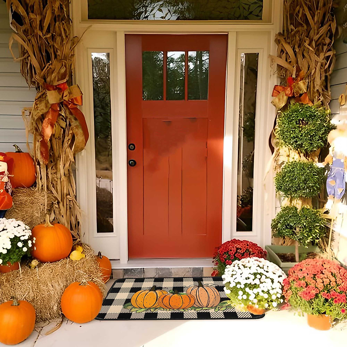 Buffalo Plaid Pumpkin Fall Decorative Kitchen Rugs Set of 2,Non Skid Washable, Home Seasonal Fall Holiday Party Autumn Harvest Thanksgiving Kitchen Mat 17"x47"+17"x30"