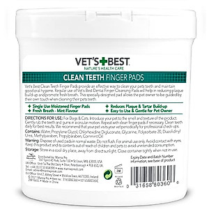 Vets Best Dental Care Finger Wipes | Reduces Plaque & Freshens Breath | Teeth Cleaning Finger Wipes for Dogs & Cats | 50 Disposable Wipes