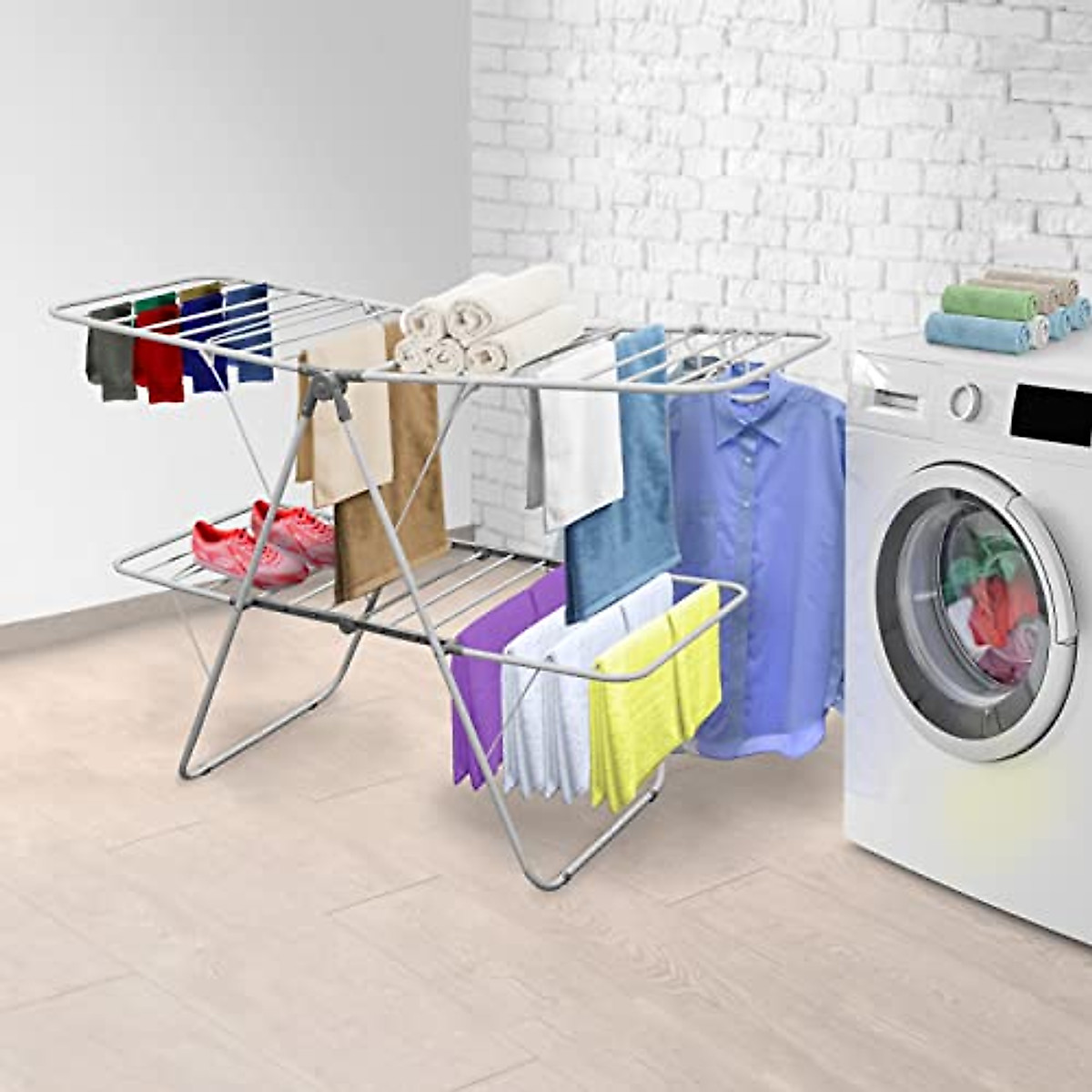 Brookstone [2 Tier [Double Spaced] Foldable Clothes Drying Rack, Collapsible Laundry Hanger, NO Installation Required - Ready Out of The Box