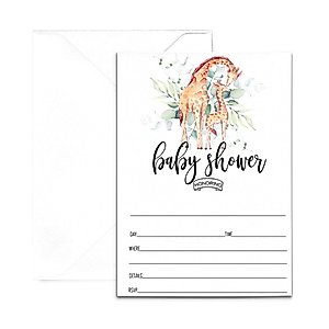 Giraffe Baby Shower Invitations Gender Neutral (25 Pack) Blank Invites for Reveal Parties – Greenery Theme Boy or Girl – Handwrite Party Details on Printed Invitation with Envelope Set 5x7